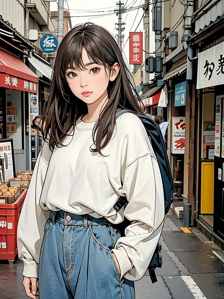 Create an "city walk" scene where a beautiful dark gray-eyed Japanese ...