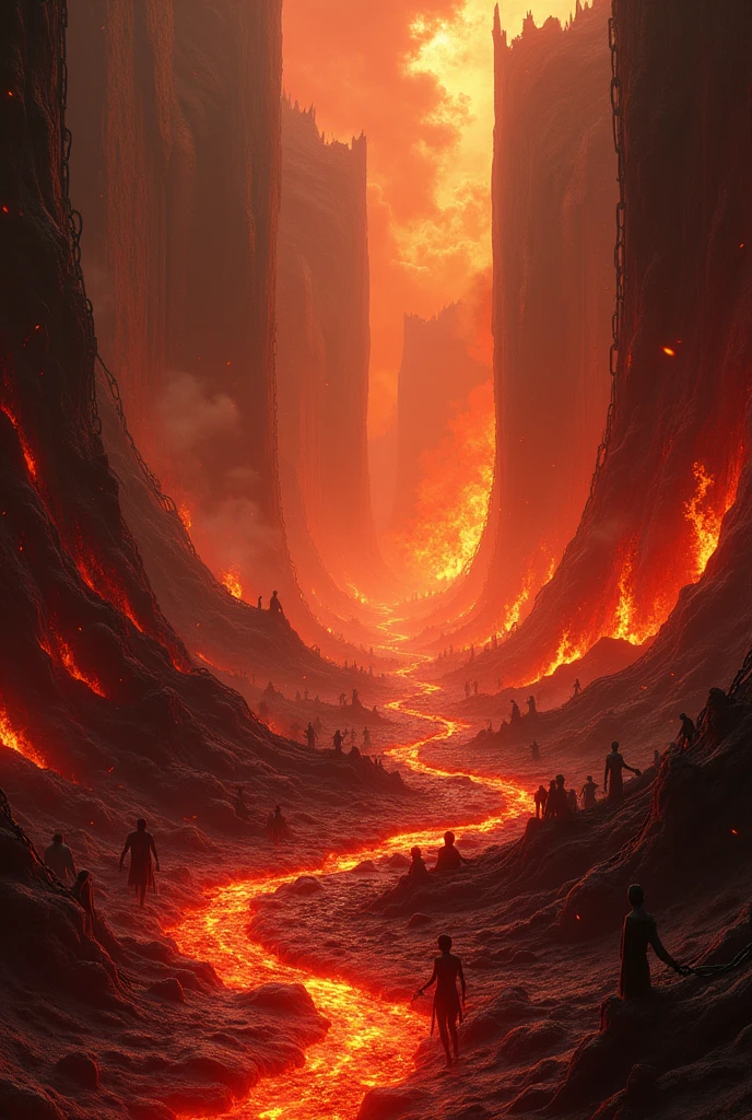 Prompt: "A fiery abyss filled with chains and shackles glowing red ...