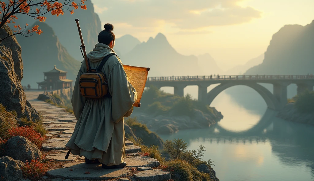 The back of a traveler in ancient China, holding a scroll map - SeaArt AI