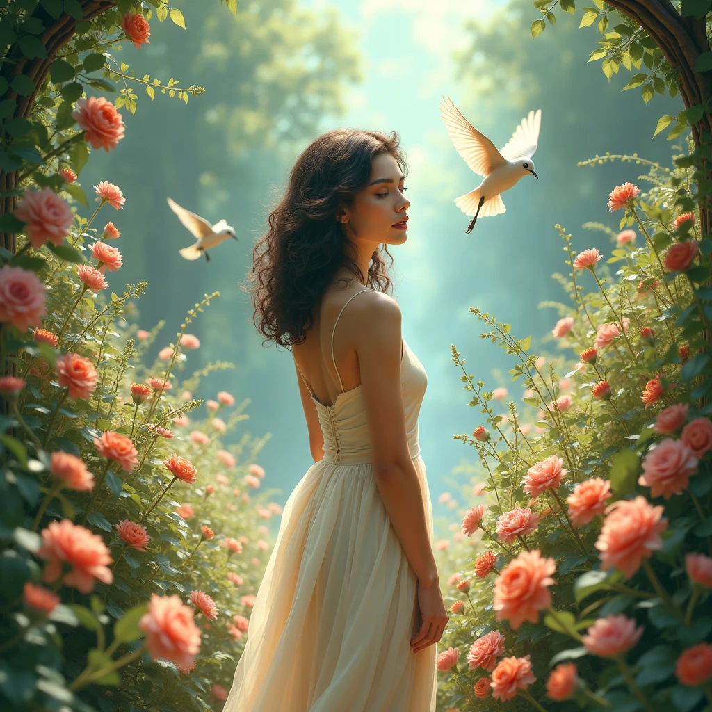 A mesmerizing wide shot of a beautiful girl with shoulder length curly ...