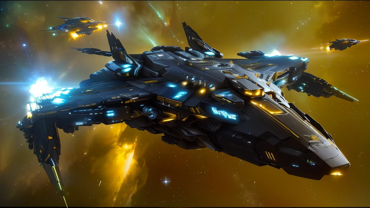 Spaceship flying in space with yellow and blue lights - SeaArt AI