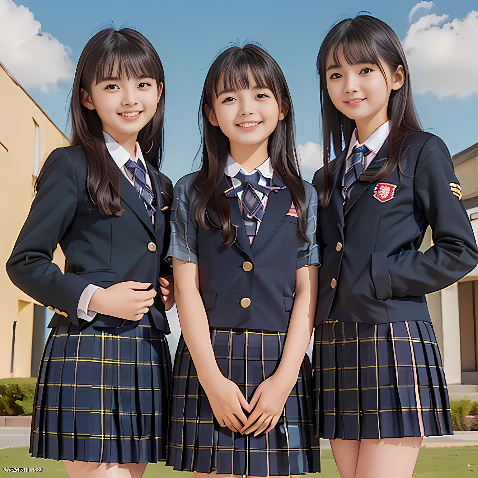 Three girls in school uniforms posing for a picture in front of a ...