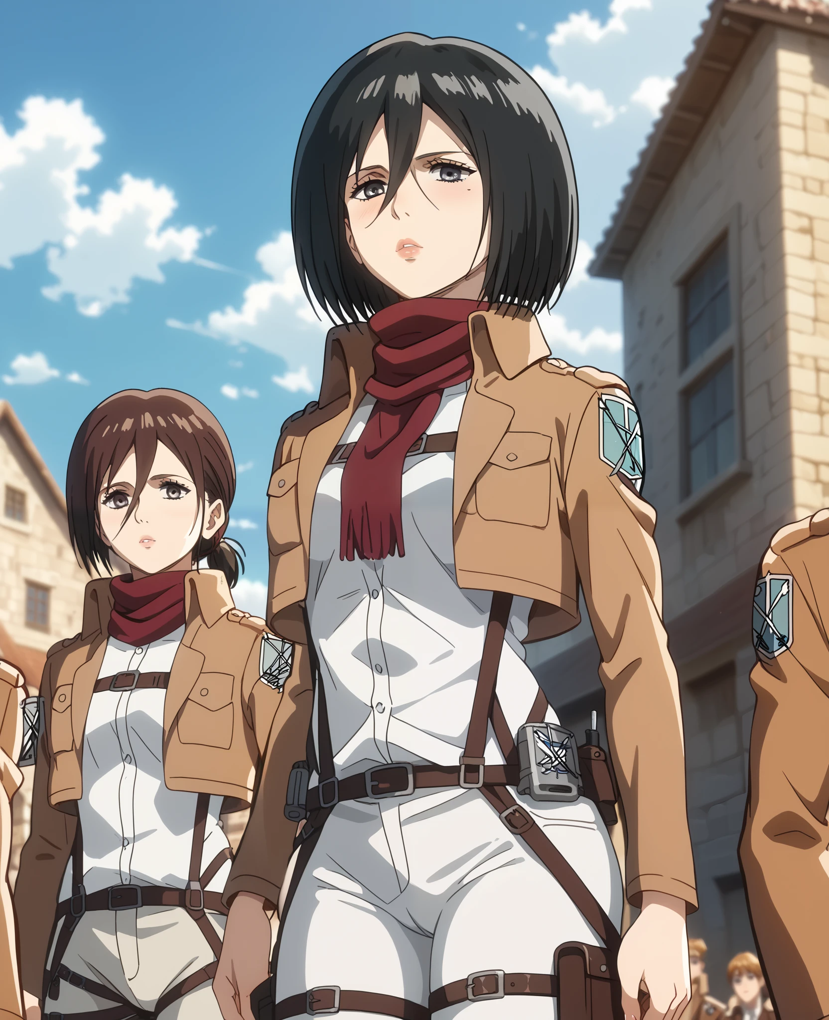 Anime characters in uniform walking in a street with buildings in the ...
