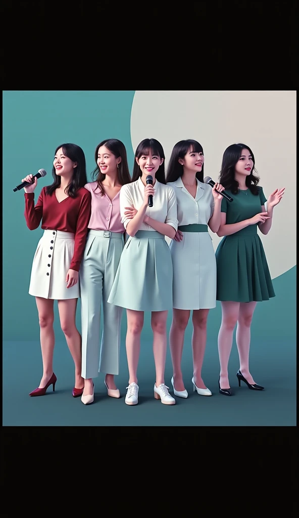 Five women standing side by side, centered composition, with the woman ...