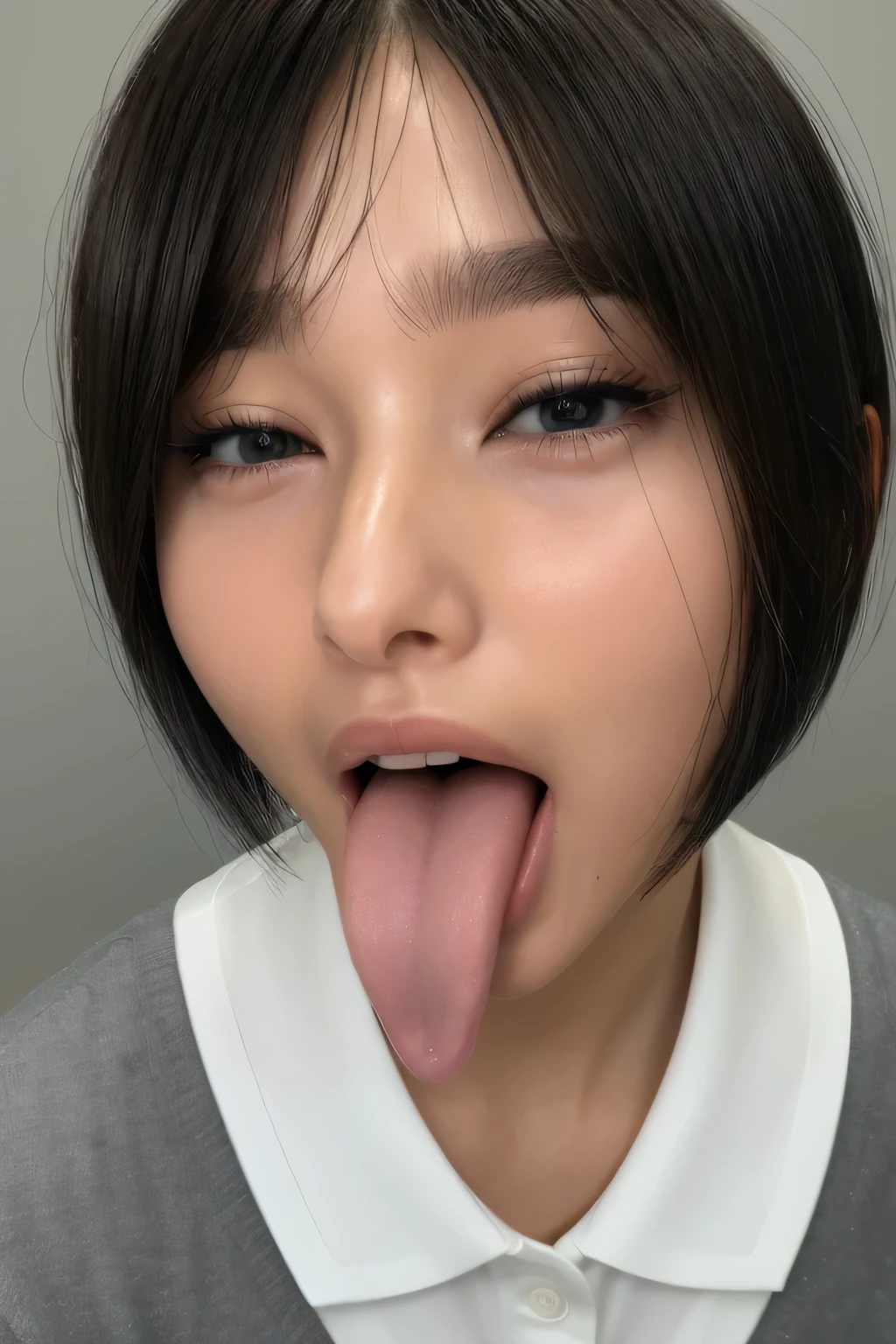 A close up of a woman sticking her tongue out with a shirt on - SeaArt AI