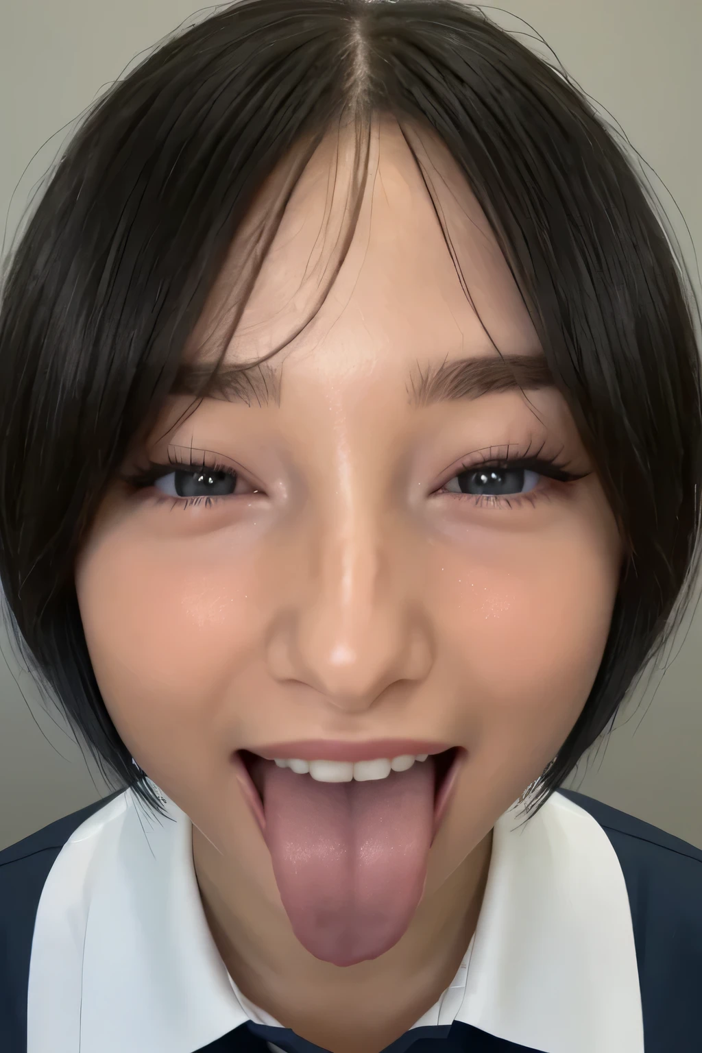 Arafed woman with a black hair sticking out her tongue - SeaArt AI