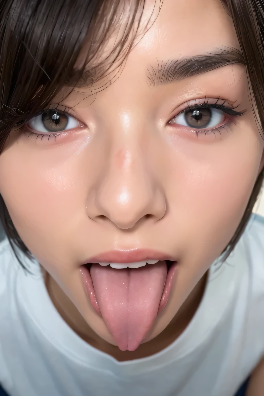 Arafed asian woman sticking out her tongue with a white shirt - SeaArt AI