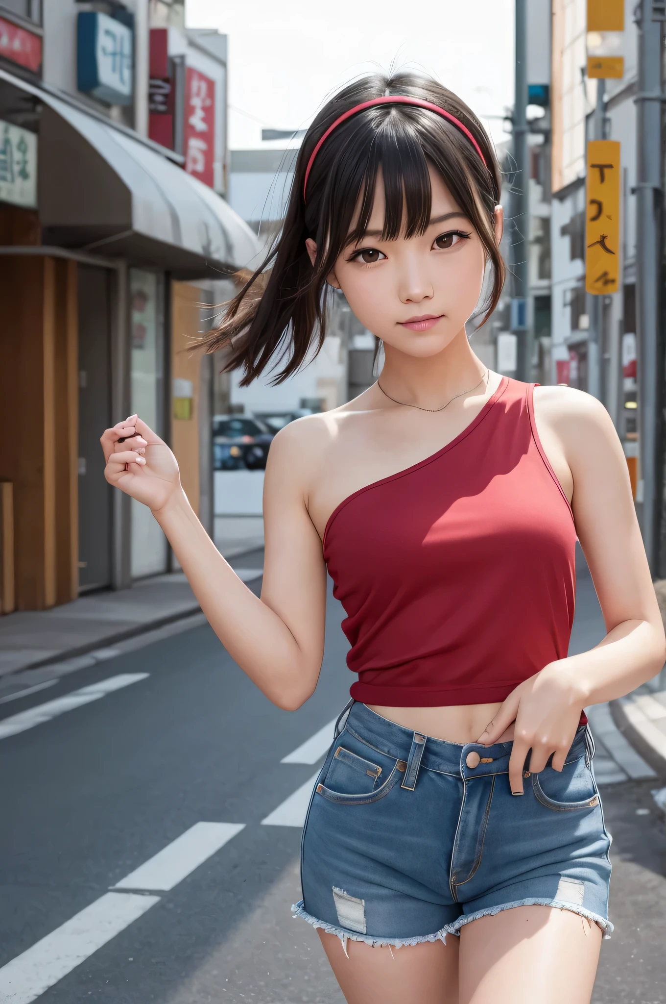 Araffe asian woman in a red top and denim shorts posing for a picture ...