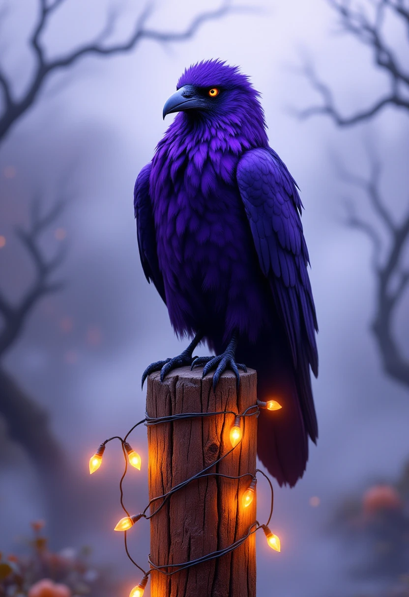 Create a hyper-stylistic image of a majestic purple raven perched atop ...