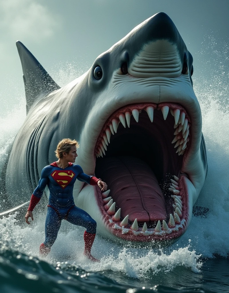 A massive great white shark, jaws agape, lunges at a Henry Cavill with classic s - SeaArt AI