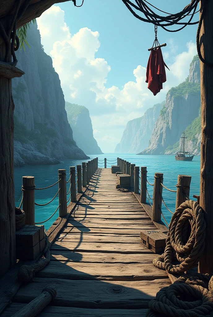 Pirate Harbor , solitary wooden pier animated with cool daytime tones ...