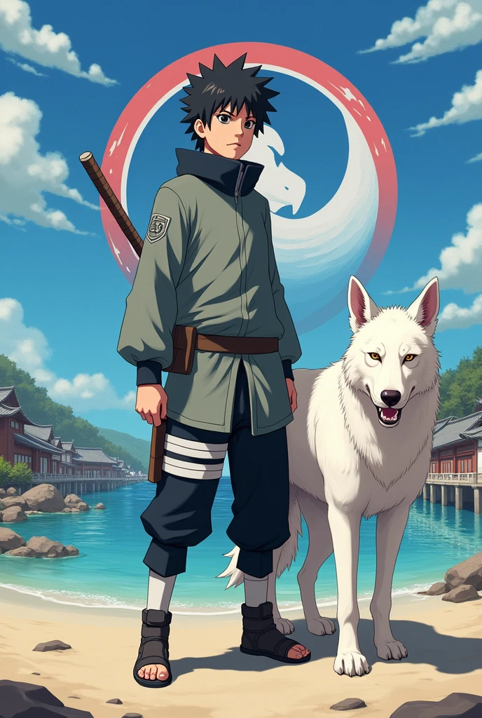 Create a image of kiba inuzuka in his gray and white Ninja outfit with ...