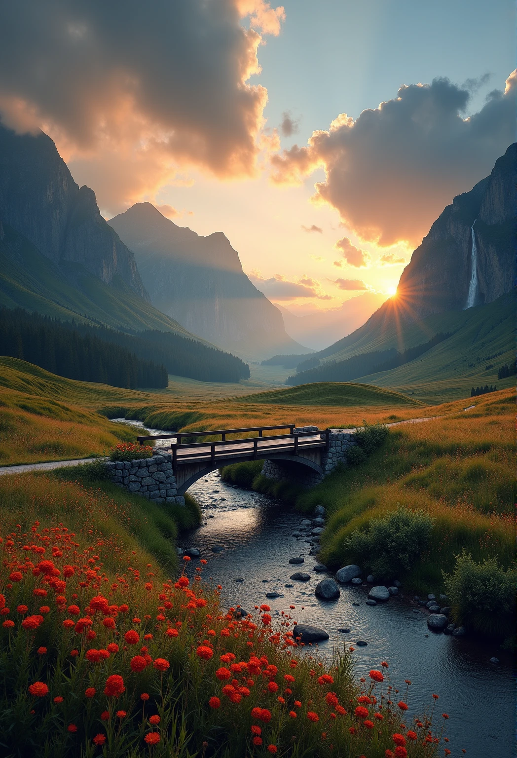 Romantic landscape at dusk with rolling hills and wildflowers - SeaArt AI