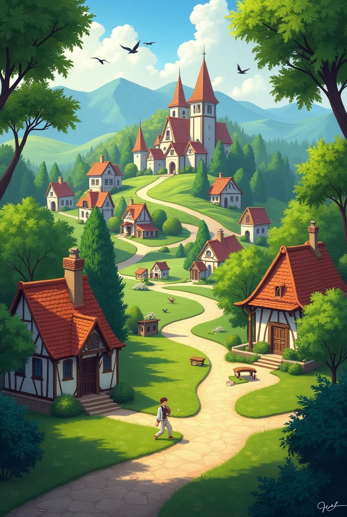 A peaceful, serene small village surrounded by lush, verdant trees and ...