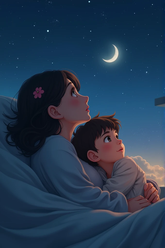 A serene night scene showing a boy lying in his mother's arms - SeaArt AI