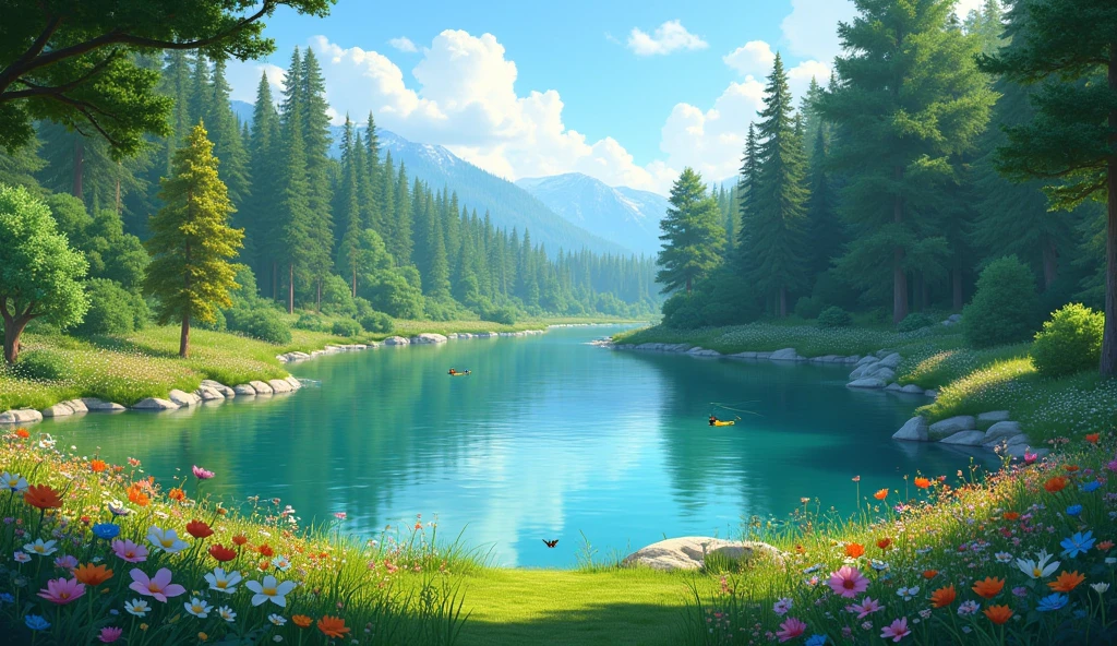 A lake in the center of the forest , with many native trees and wild ...