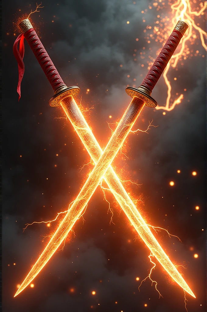Buatkan saya gambar katana kembar yg berbeda elemen yg satu elemen api ...