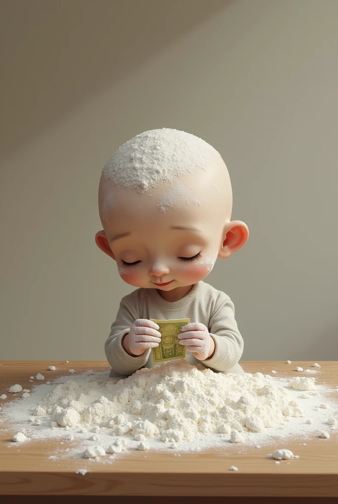Hairless boy , with flour on a table . No utensils appear - SeaArt AI