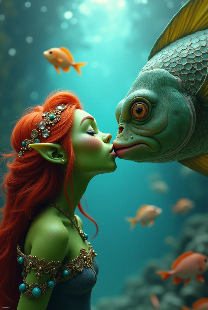 Do the ogre princess Fiona kissing the mouth of a fish - SeaArt AI