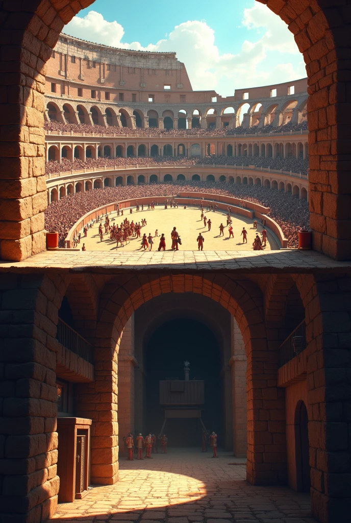 Create a single split-scene image of the Roman Colosseum, divided into ...