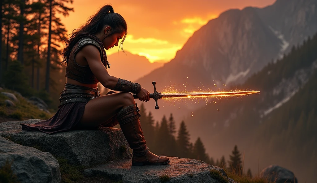 The barbarian warrior sits on a rough stone, her muscles tense as she ...