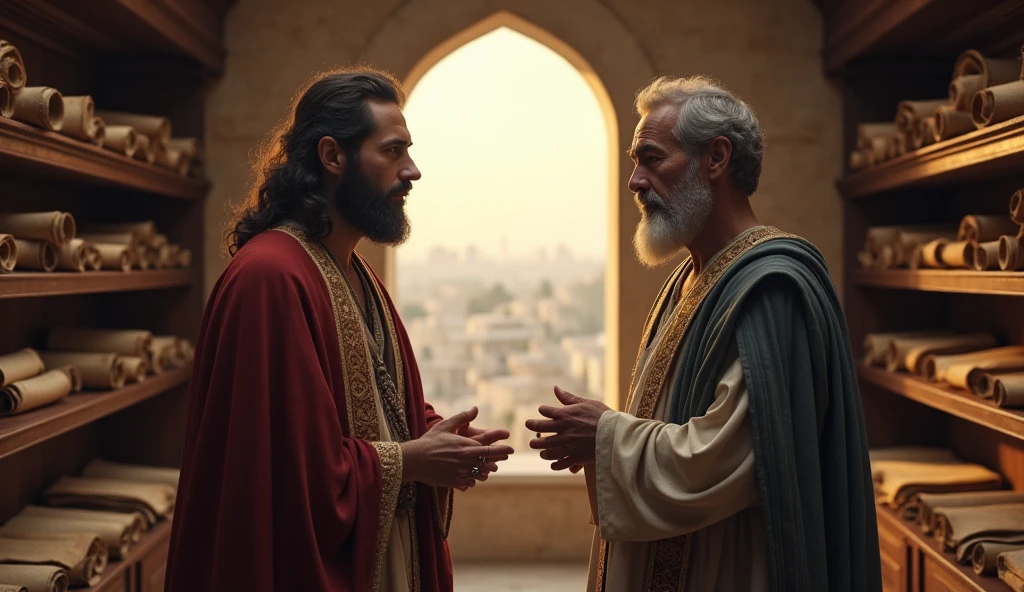 A reflective scene of Isaías speaking with King Ezequias in a private chamber - SeaArt AI