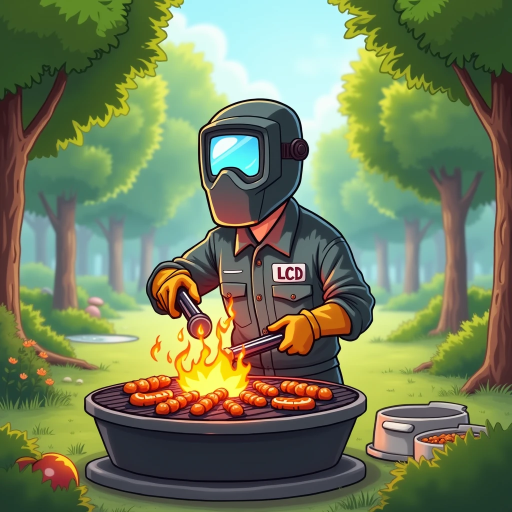 Create an image of a welder wearing a welding mask and uniform gray ...