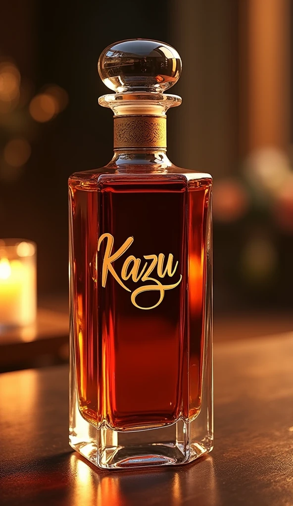 Write the name Kazu brilliantly in cursive on the bottle and make the ...