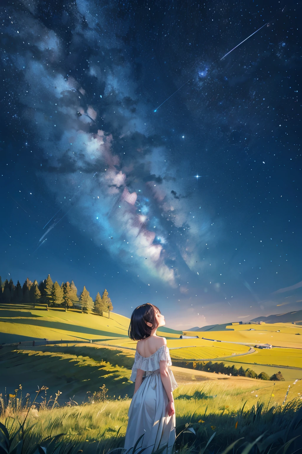 Starry night sky with a girl looking at the stars - SeaArt AI