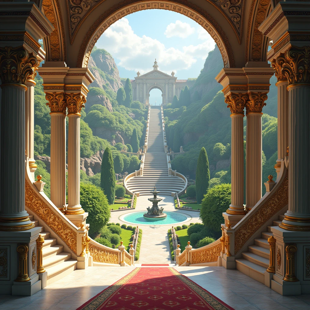 A large opulent royal palace where there is a staircase leading down to ...