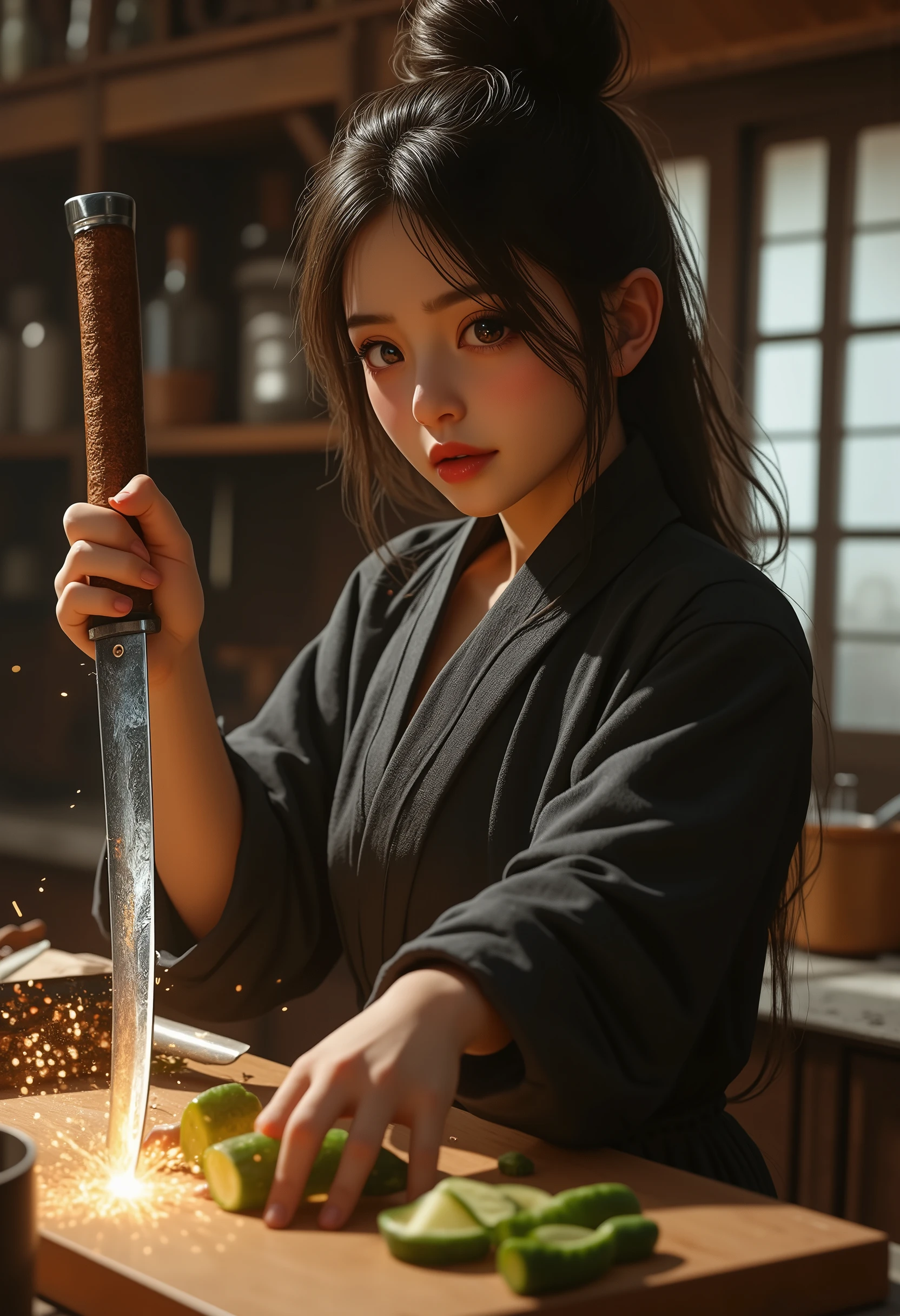 Woman in black robe cutting up a cucumber on a cutting board - SeaArt AI