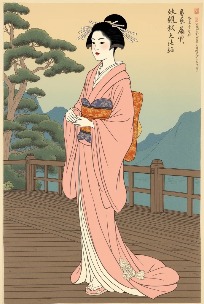 woodblock print inspired by Arafe women, Uemura Shoen wearing a pink ...