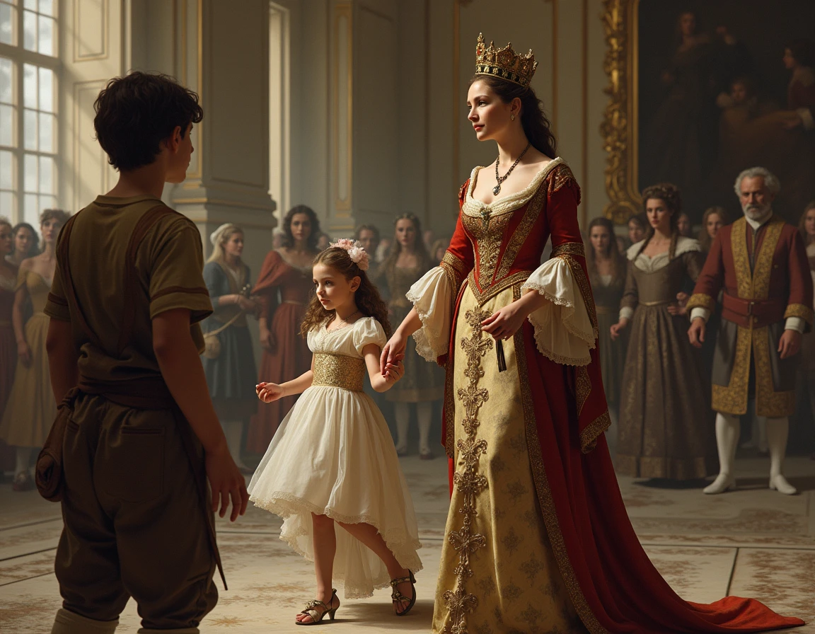 A queen taking her daughter the princess , and a peasant boy seeing ...