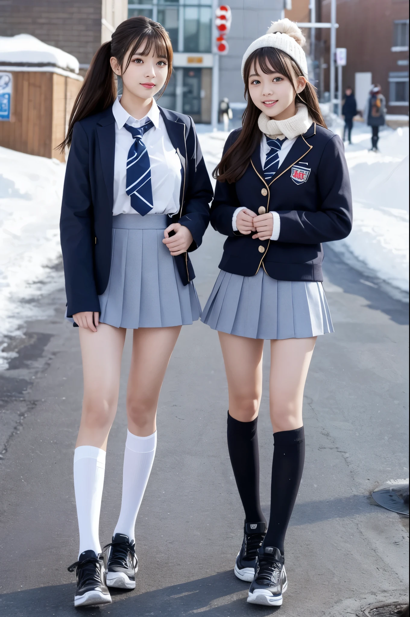 Two asian girls in school uniforms standing on a street - SeaArt AI