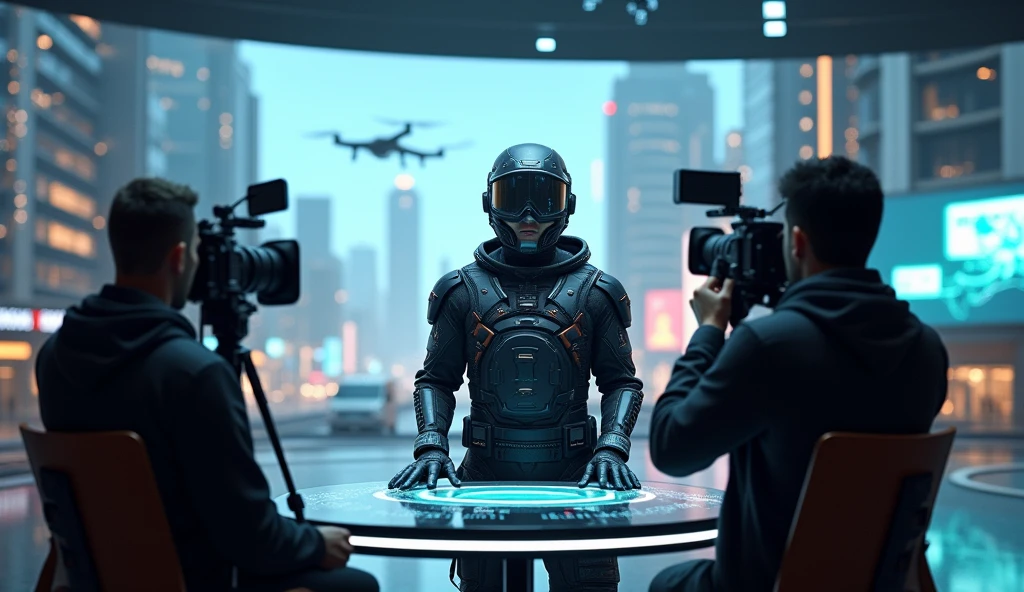 Create a futuristic image of a Brazilian soldier presenting a ...