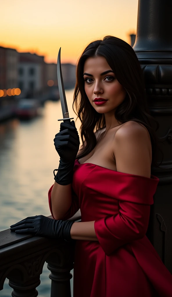 An Italian femme fatale assassin in a blood-red silk dress, leaning ...