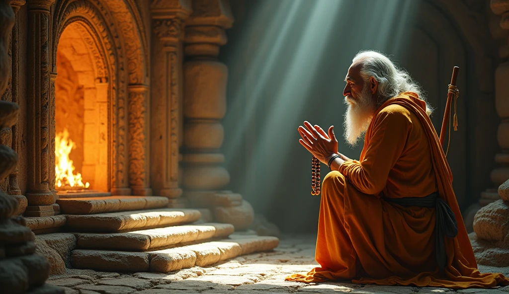 "A hyperrealistic, detailed scene of a wise elderly sage kneeling ...