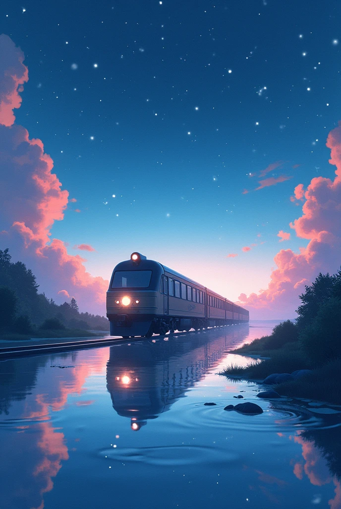 Masterpiece, anime train passing through bodies of water on tracks ...
