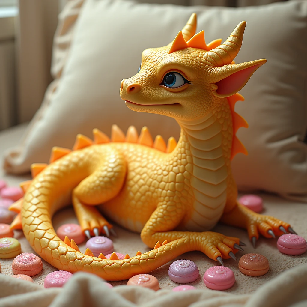 Young Dragon, surrounded by delicious candy on a soft futon - SeaArt AI