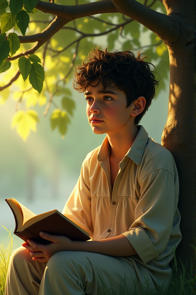 Create a close-up of young Salahuddin sitting under the shade of a tree ...