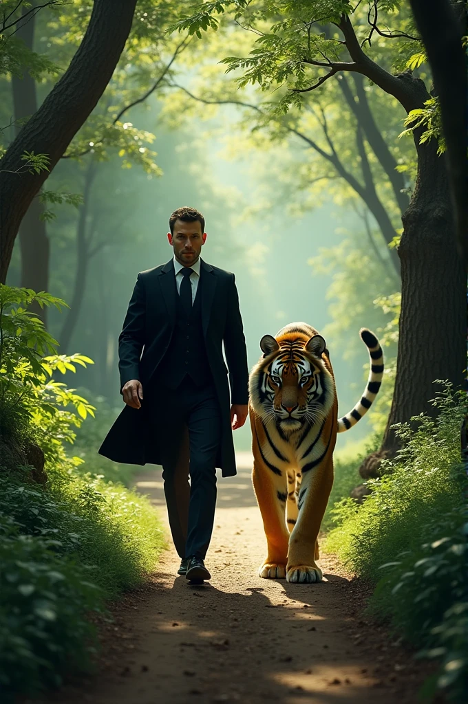 A man in a black suit walks towards the front alongside a tiger walking ...