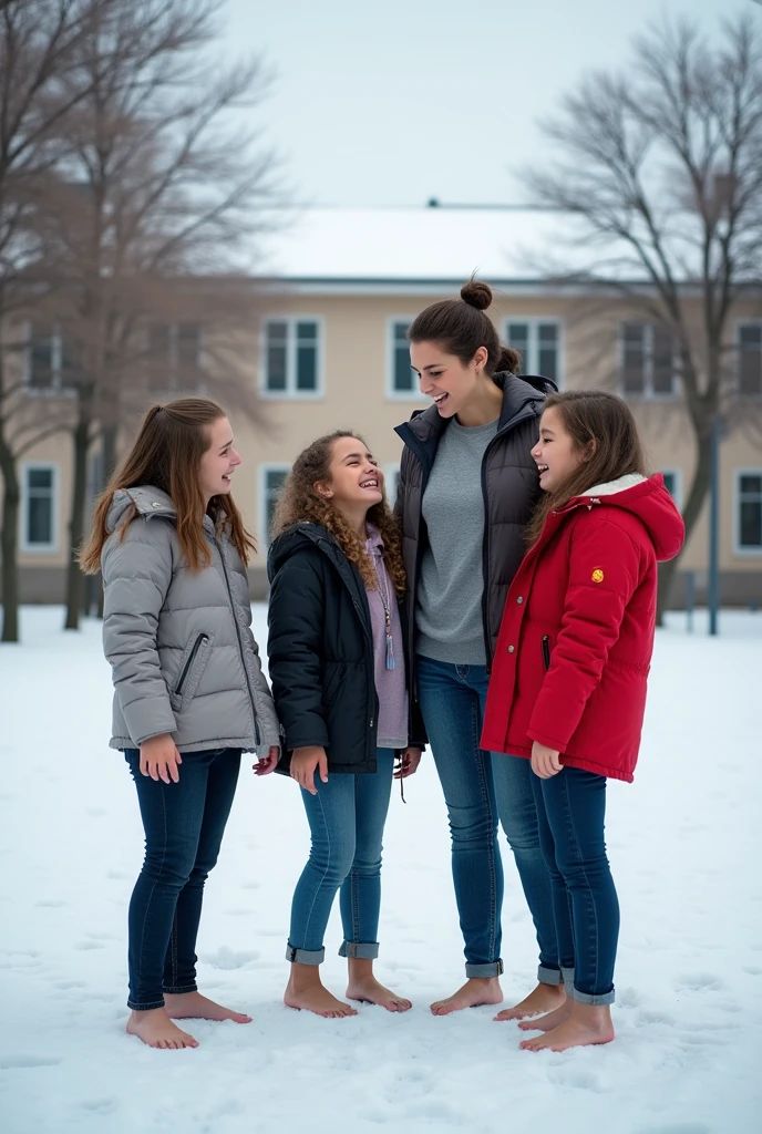 Realistic photo, 30-yo barefoot female teacher and three 14-yo barefoot ...