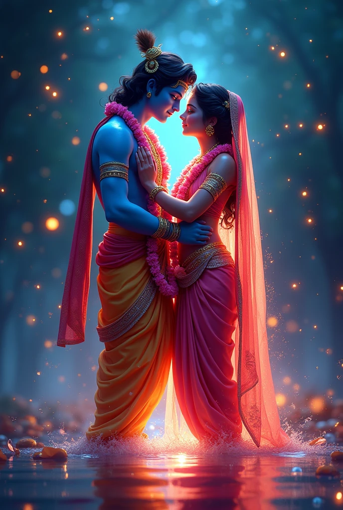 An artistic and glowing depiction of a romantic couple of Lord krishna ...