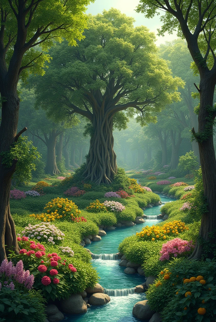 A lush, vibrant garden with a flowing river splitting into four streams ...