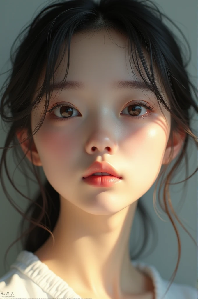 A 14-year-old Korean girl physically with sharp eyes with a double ...