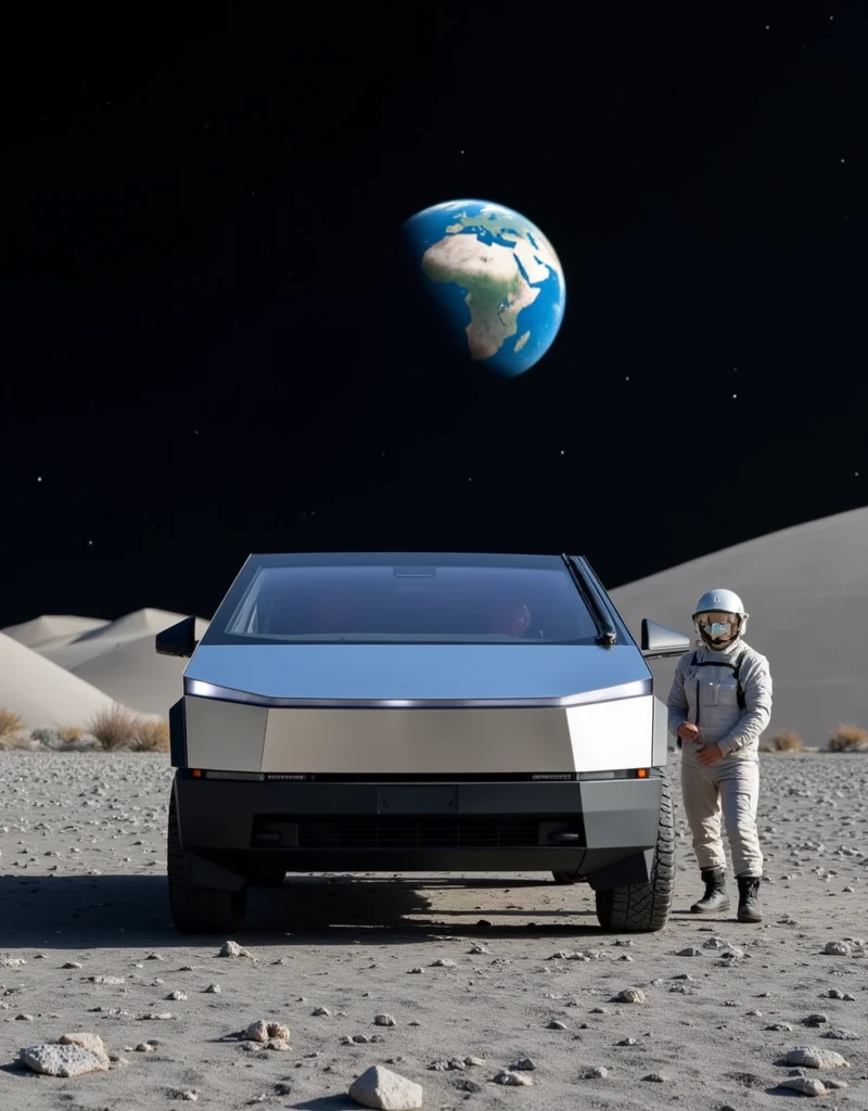 A cybertruck at the moon, there is an astronaut at the side of the cybertruck - SeaArt AI