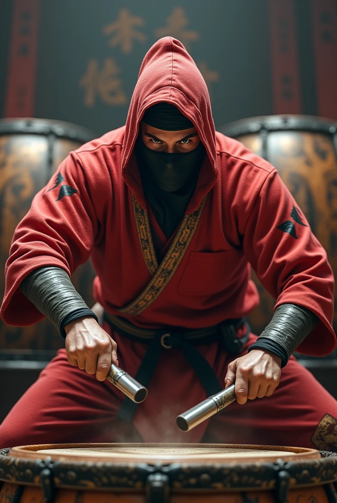 Masked、Muscular、 red in the form of a ninja、 bigger Japanese drums ...