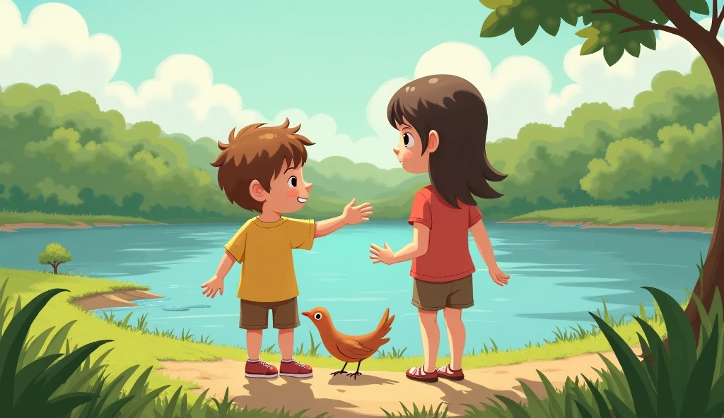 One sunny morning, Sam and Lily were playing by the riverbank - SeaArt AI