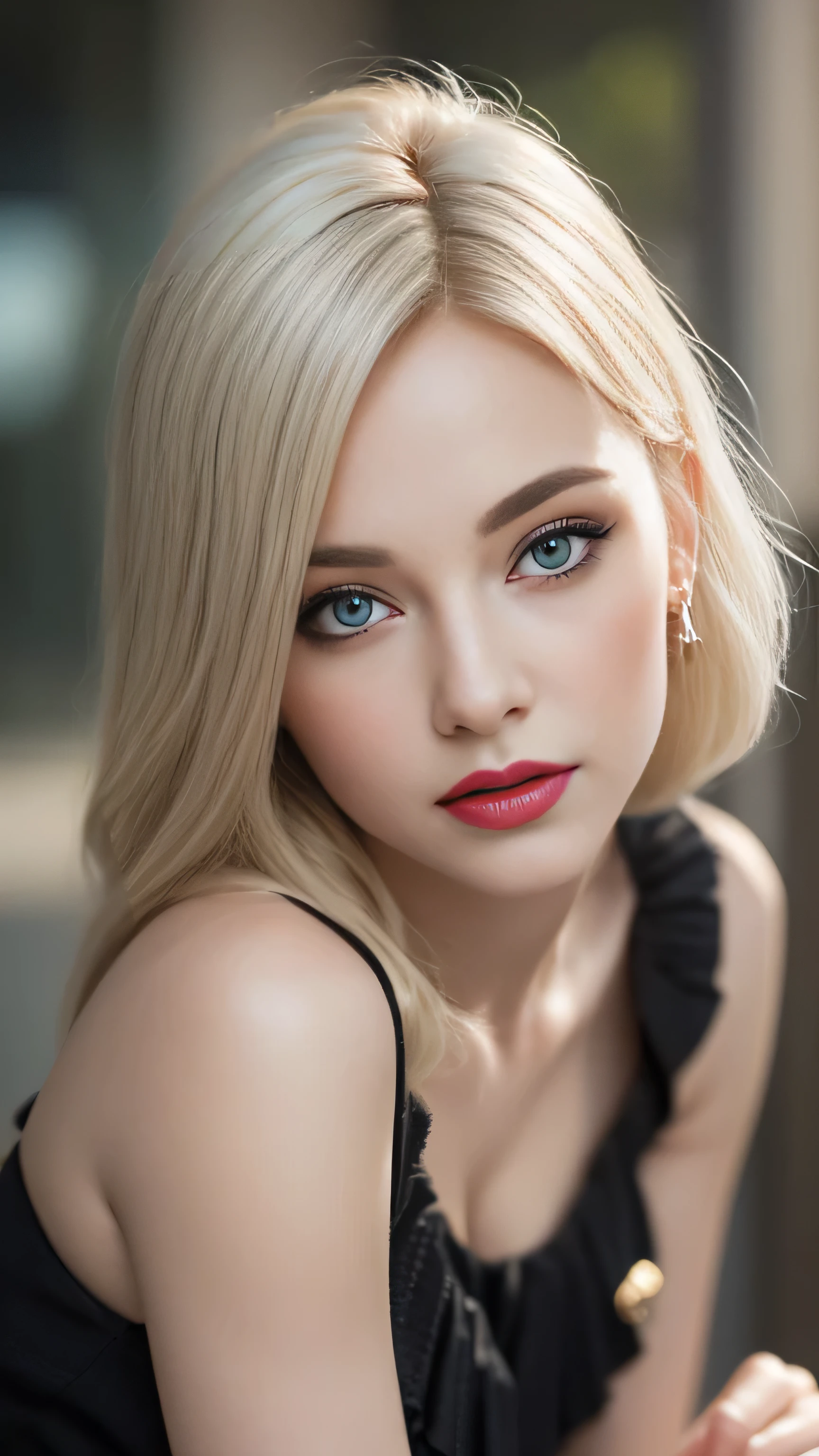Blond woman with blue eyes and a black dress posing for a picture ...