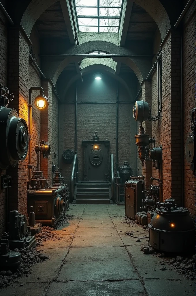 1200x134 pixel image that is a room in a Steampunk style dungeon ...